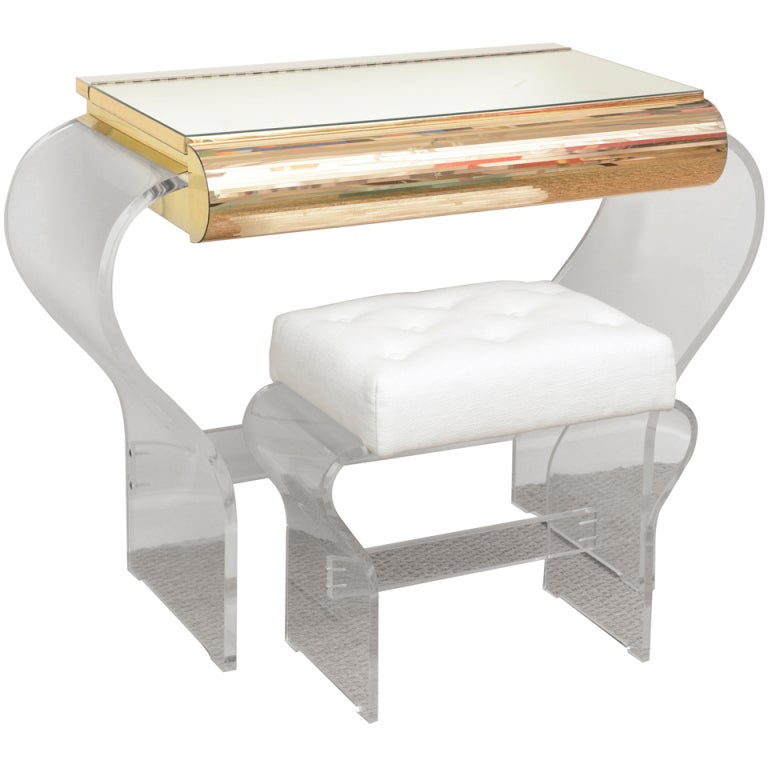 Lucite And Mirrored Vanity With Upholstered Bench At 1stdibs
