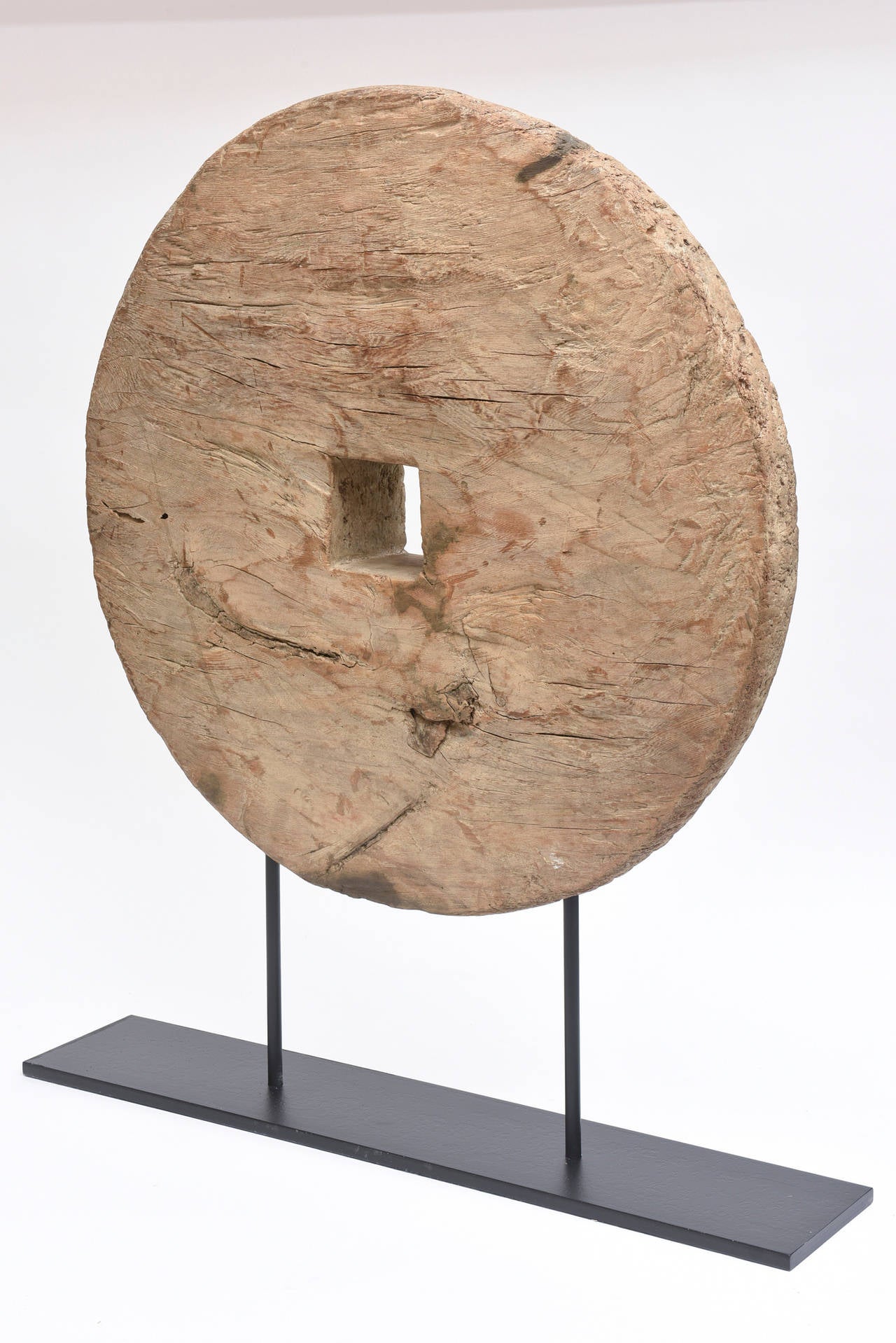 Wood Disk and Black iron Metal Organic Sculpture For Sale at 1stDibs