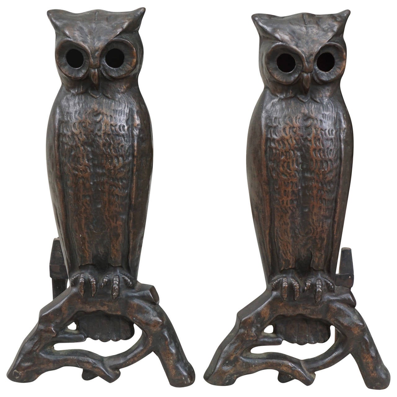 American Early 20th Century Bronzed Cast Iron Owl Andirons at 1stDibs