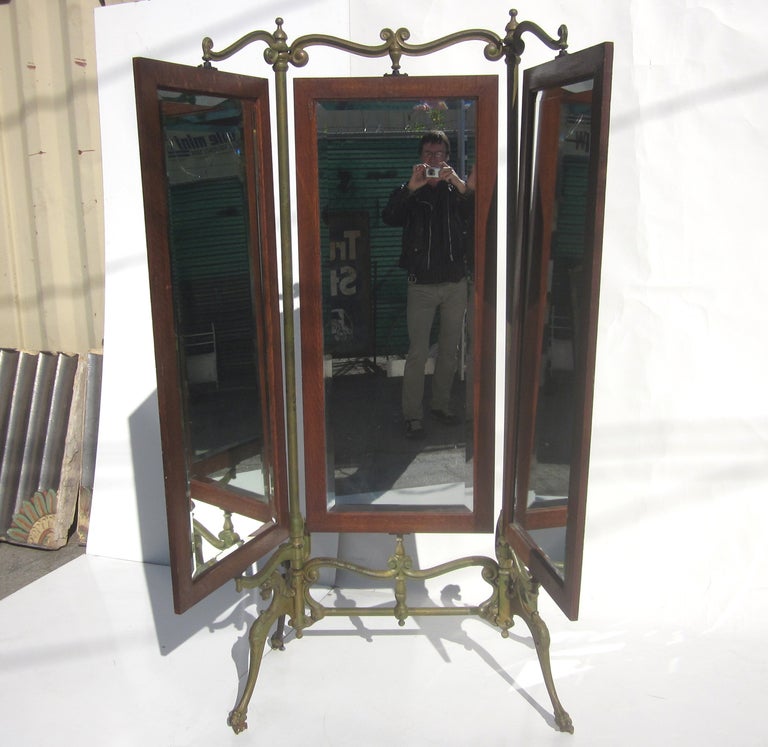 Gothic Iron and Oak Three Panel Standing Dressing Mirror For Sale at ...