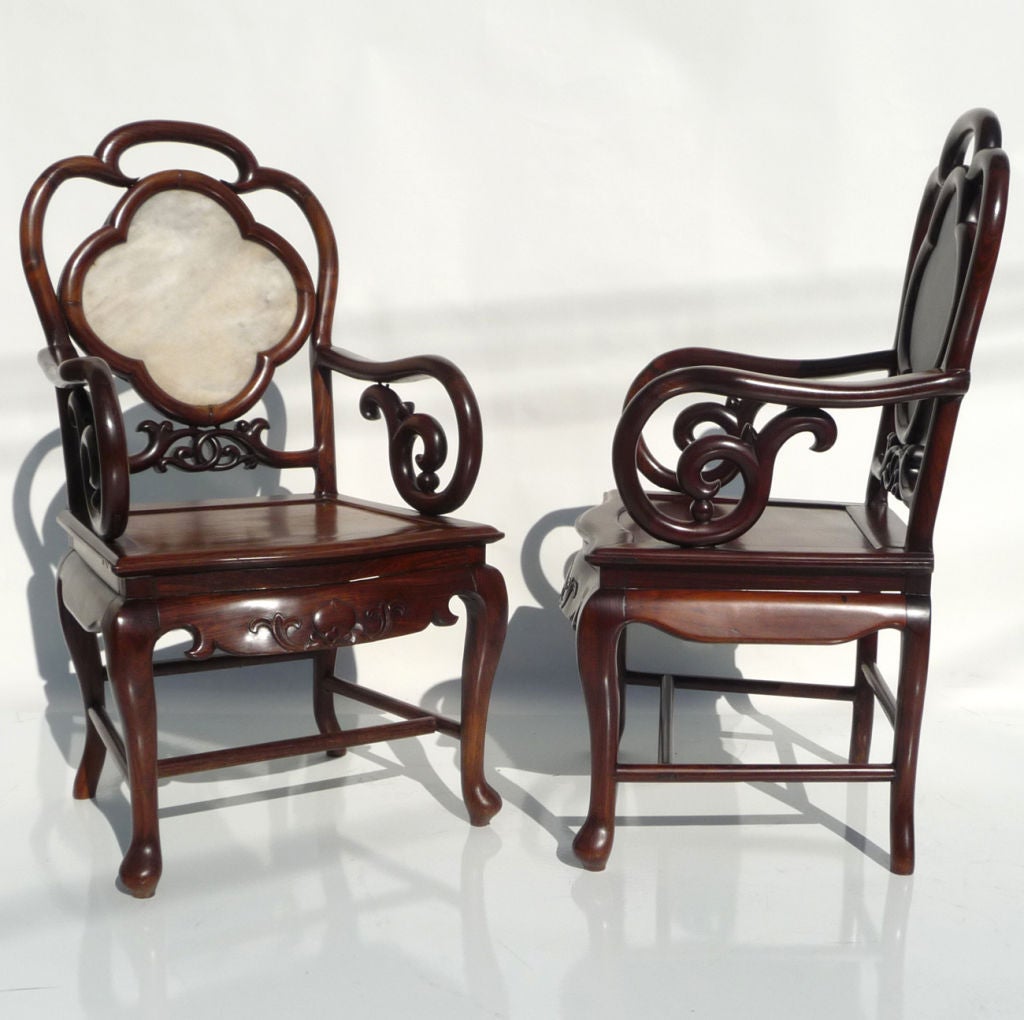 Solid Rosewood and Marble Asian Arm Chairs For Sale at 1stDibs