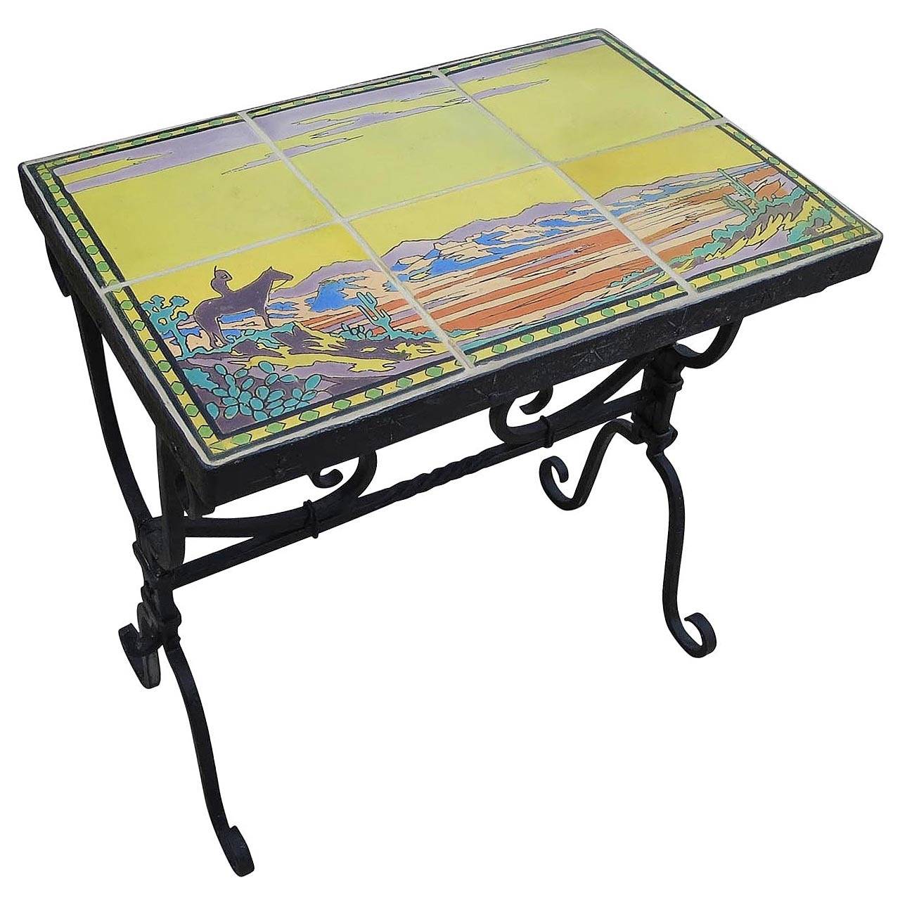 1920's Lone Indian Pictorial Tile and Iron Table by Taylor Tile at ...