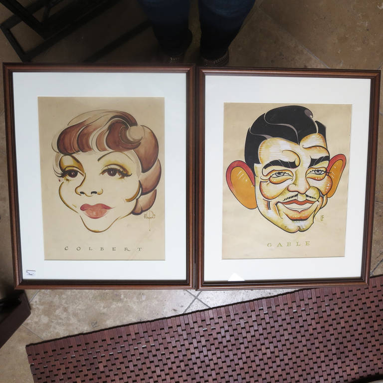 Leon Franks Caricatures of Clark Gable and Claudette Colbert at 1stDibs