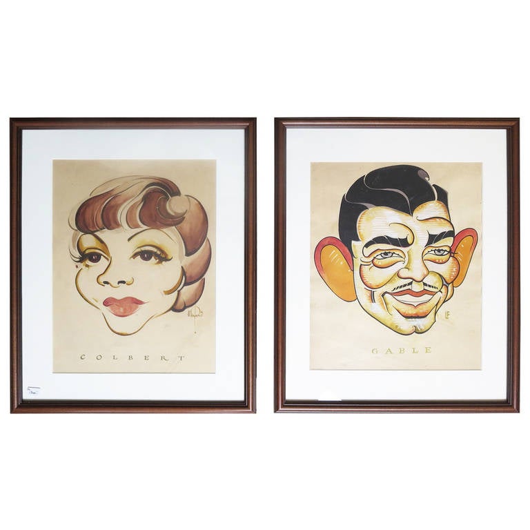 Leon Franks Caricatures of Clark Gable and Claudette Colbert at 1stDibs