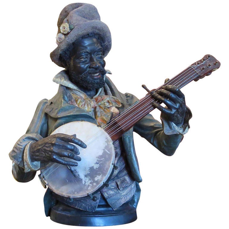 Goldscheider Polychromed Ceramic Minstrel with Banjo For Sale at 1stDibs