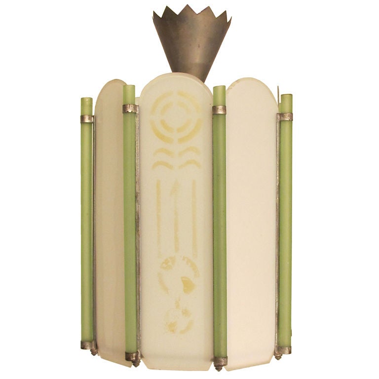 Art Deco Light Fixture with Frosted Bevelled Glass Panels with Green ...