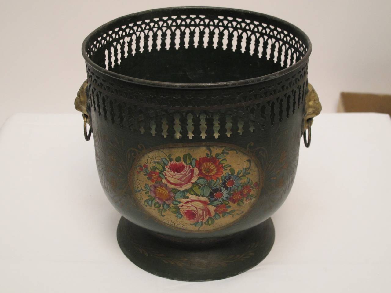 Green Tole Cache Pot with Painted Flowers, English, 19th Century at ...