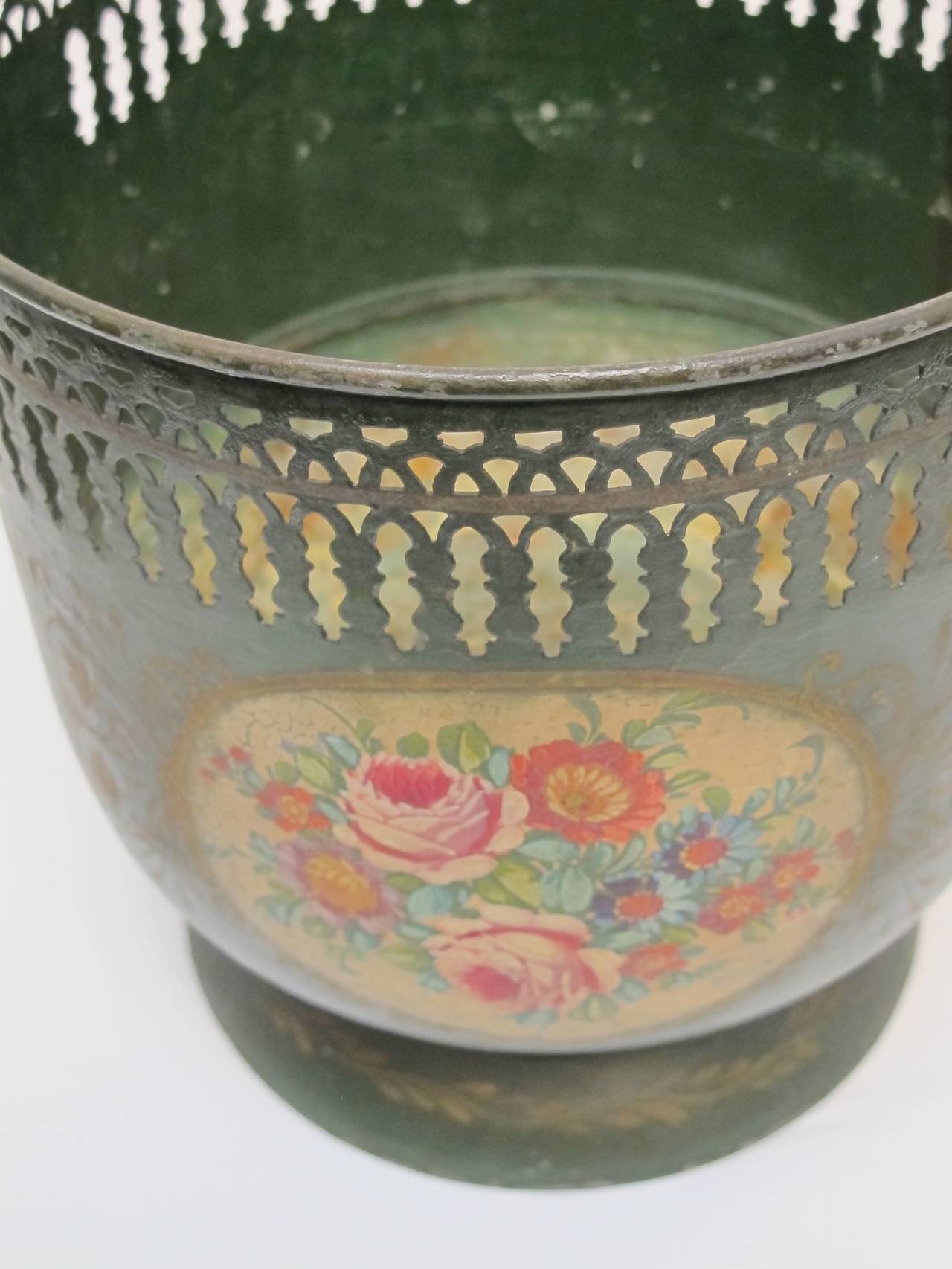 Green Tole Cache Pot with Painted Flowers, English, 19th Century at ...
