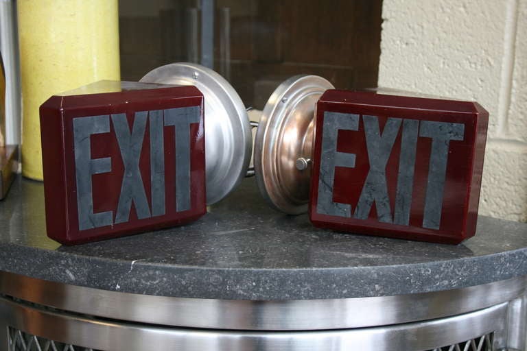 Art Deco Ruby Glass Double-Sided Exit Sign Sconces at 1stDibs