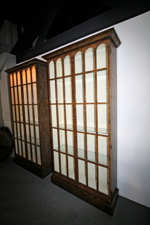 Pair of 60's Italian Architectural Bookcases with Convex Glass at 1stDibs