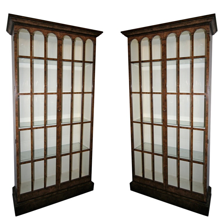 Pair of 60's Italian Architectural Bookcases with Convex Glass at 1stDibs