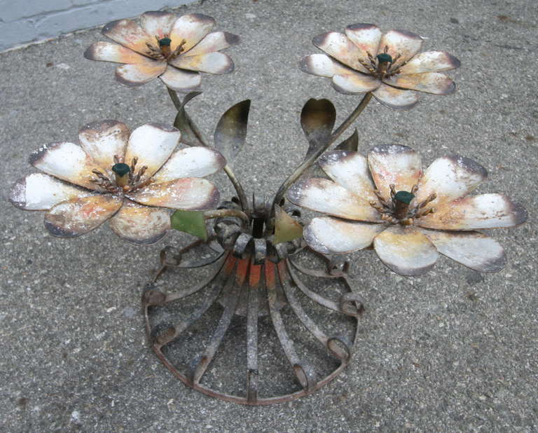 1930s Side Table with Metal Flower Base and Glass Top at 1stDibs