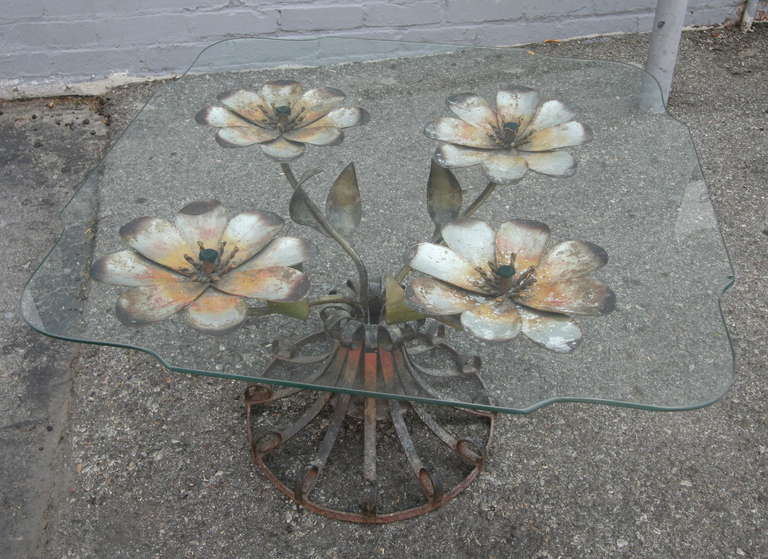 1930s Side Table with Metal Flower Base and Glass Top at 1stDibs