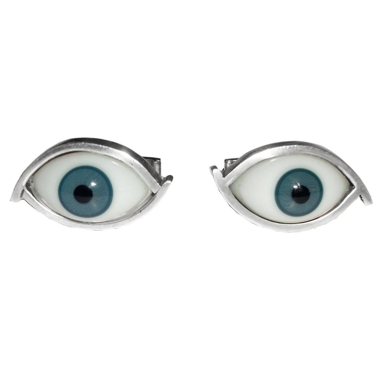Surrealist Sterling Glass Eye Cufflinks at 1stDibs