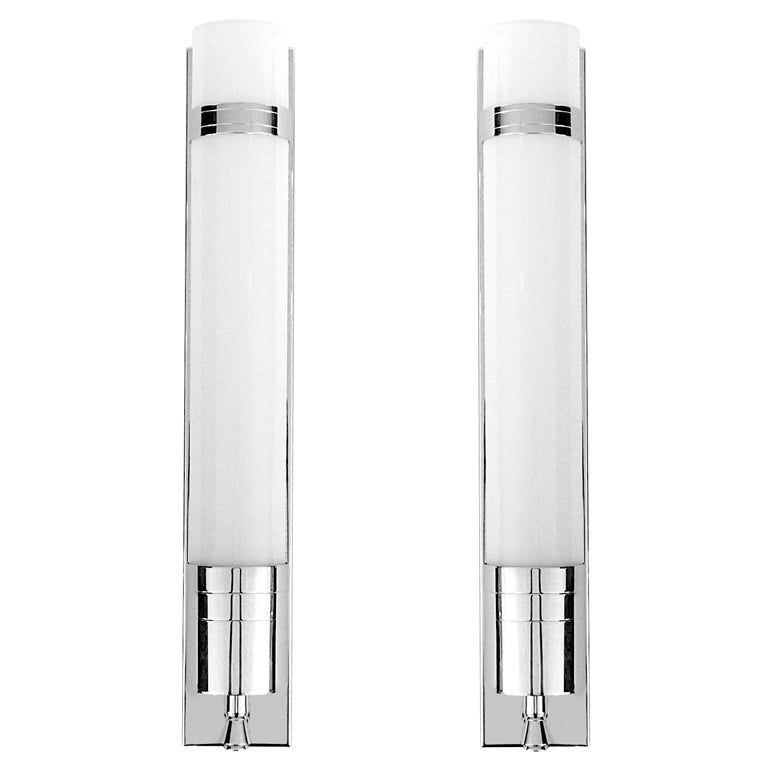 Pair of Original Large Art Deco Chrome and White Glass Sconces at 1stDibs