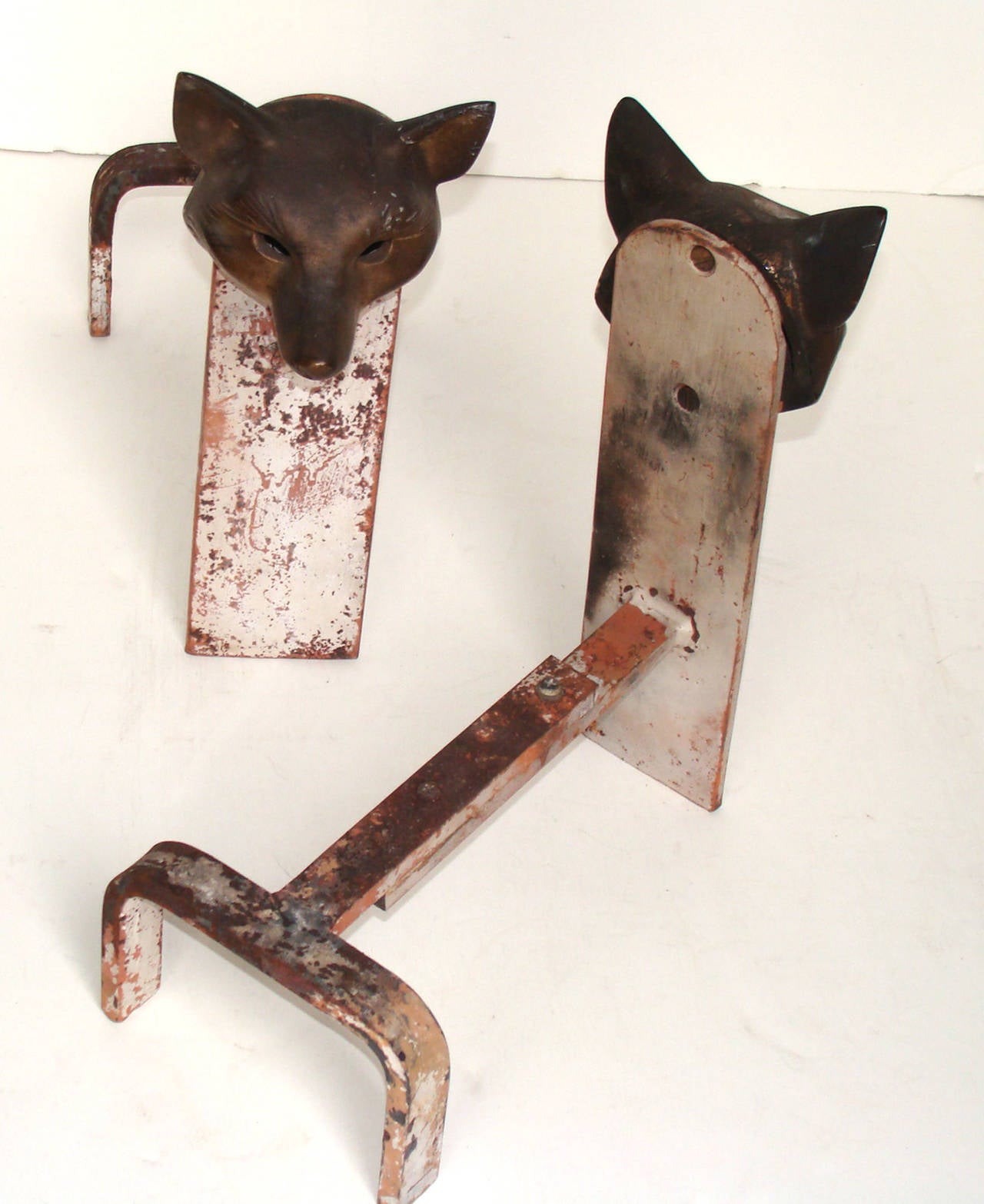 Folky, Modernist Fox Head Andirons at 1stDibs