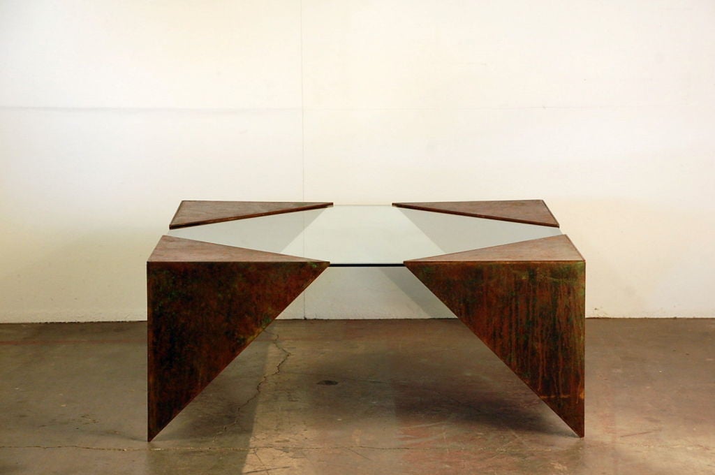 Angular glass and steel plate square coffee table at 1stDibs