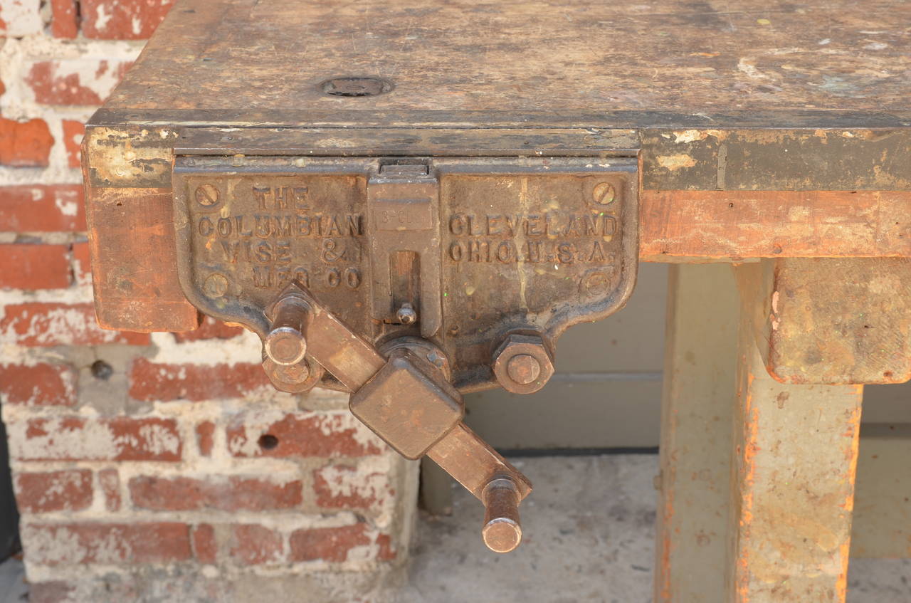 Impressive Industrial Workbench with Cast Iron Vise at 1stDibs