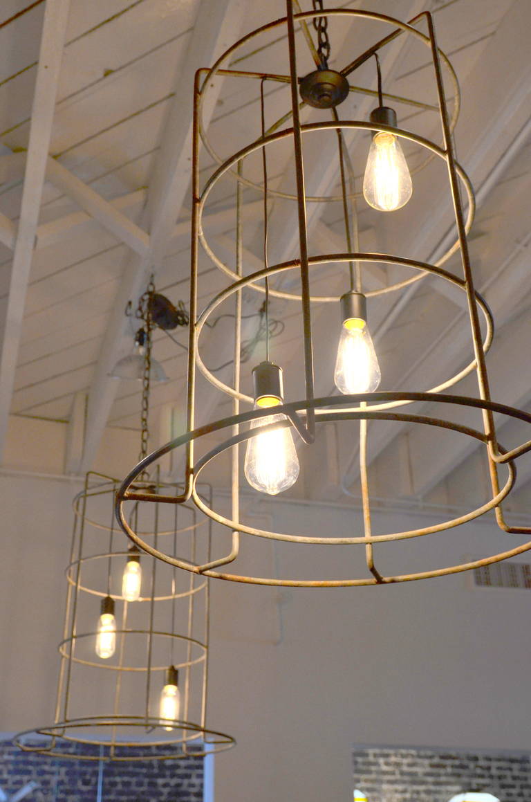 Pair of Large Industrial Cage Lights with Edison Bulbs at 1stDibs