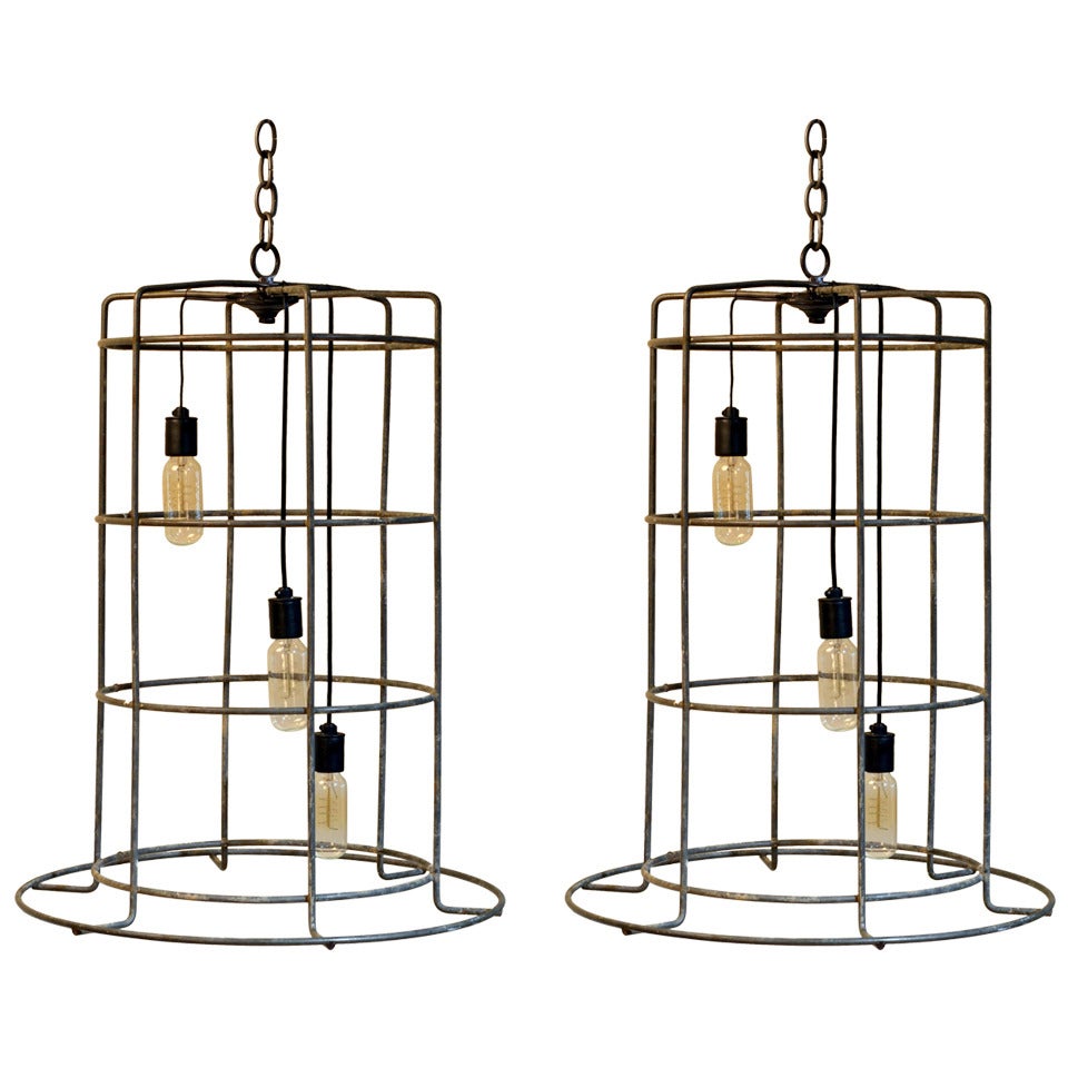 Pair of Large Industrial Cage Lights with Edison Bulbs at 1stDibs