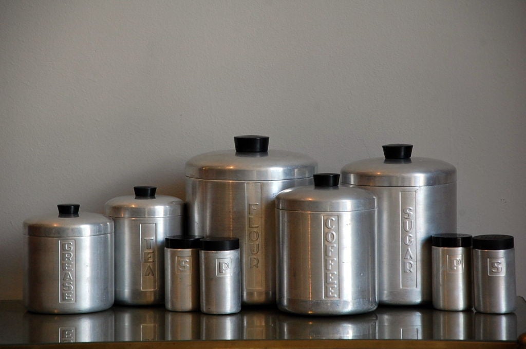 Set of decorative machine age aluminum kitchen containers at 1stDibs ...