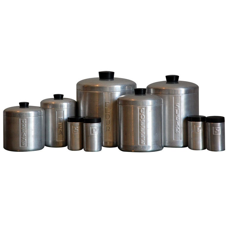 Set of decorative machine age aluminum kitchen containers at 1stDibs ...