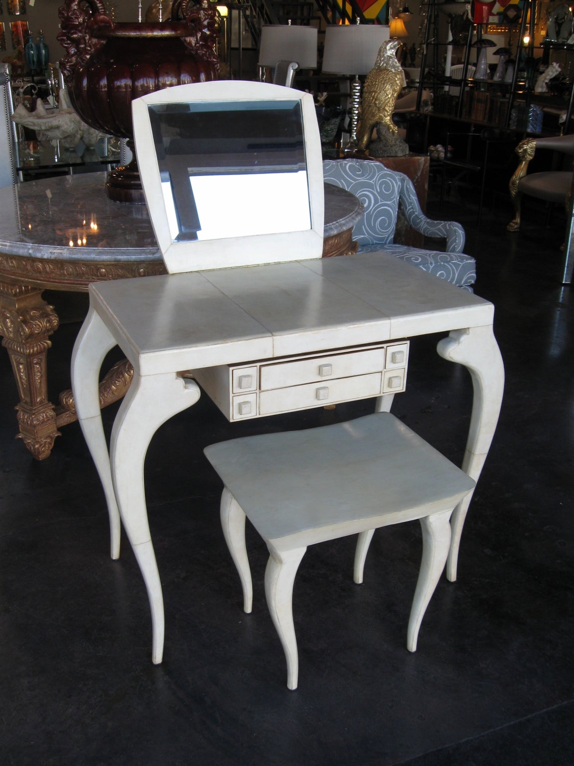 Fantastic Parchment Vanity Table and Bench by R and Y Augousti at 1stDibs