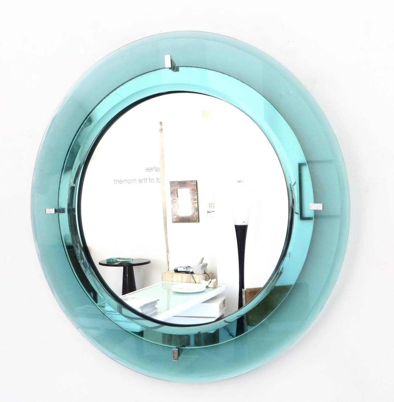 Pale Aqua Blue Italian Fontana Arte Round Beveled Mirror at 1stDibs