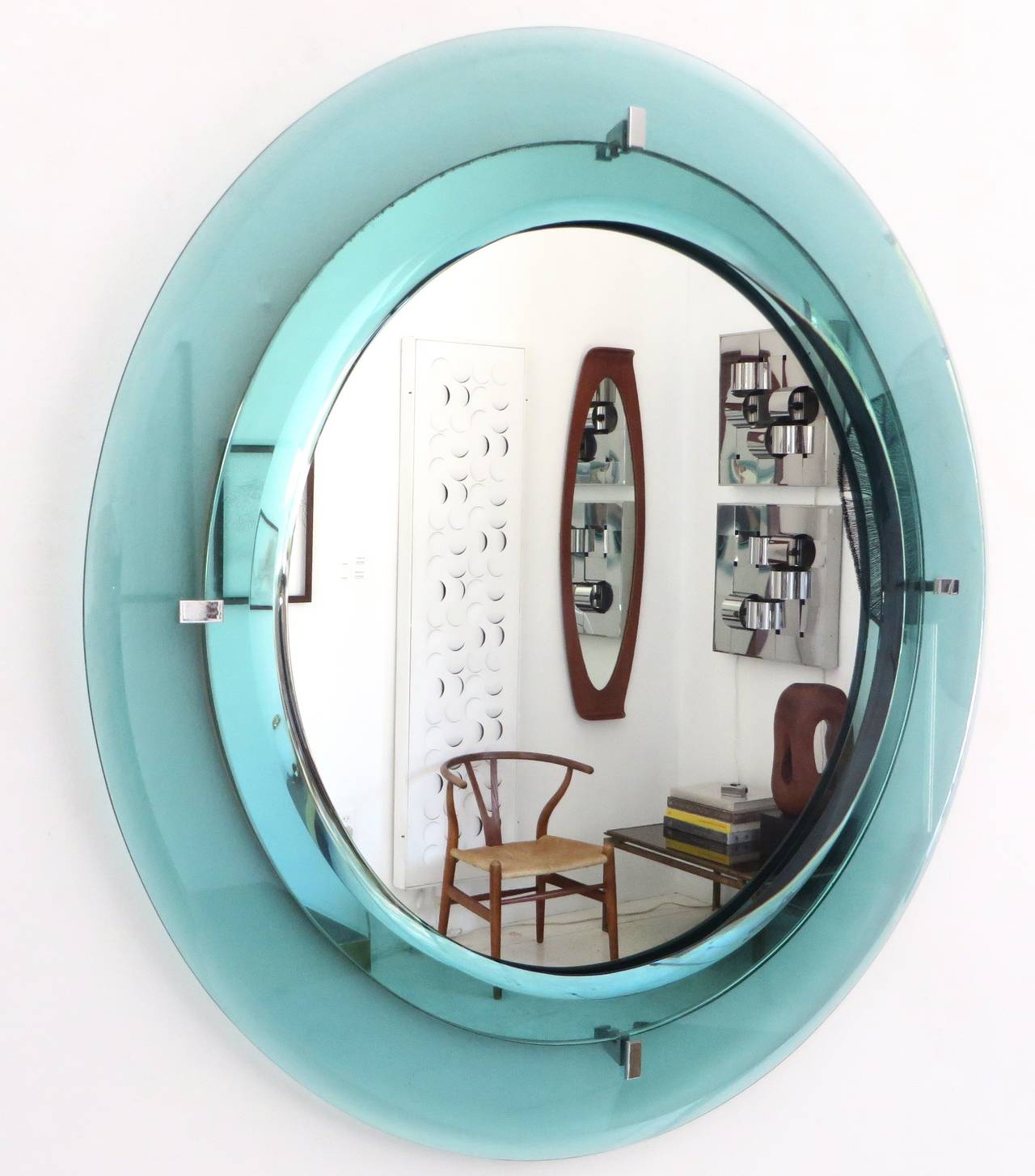 Pale Aqua Blue Italian Fontana Arte Round Beveled Mirror at 1stDibs