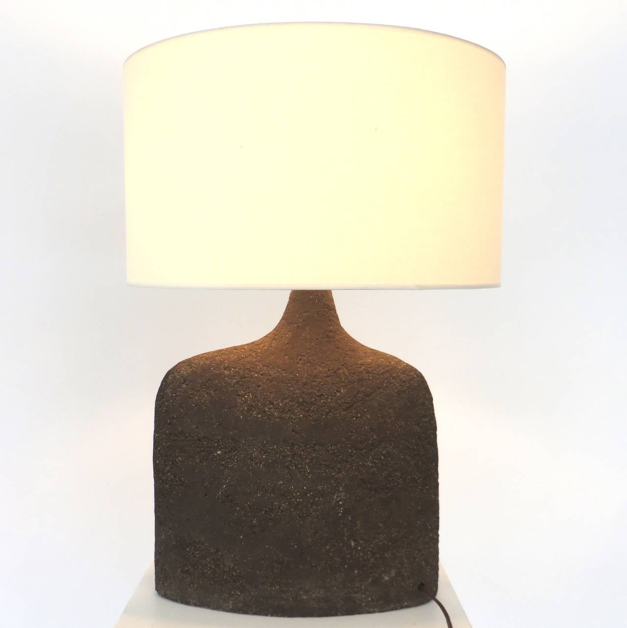 French Ceramic Table Lamp in Dark Brown Heavily Textured Clay at 1stDibs
