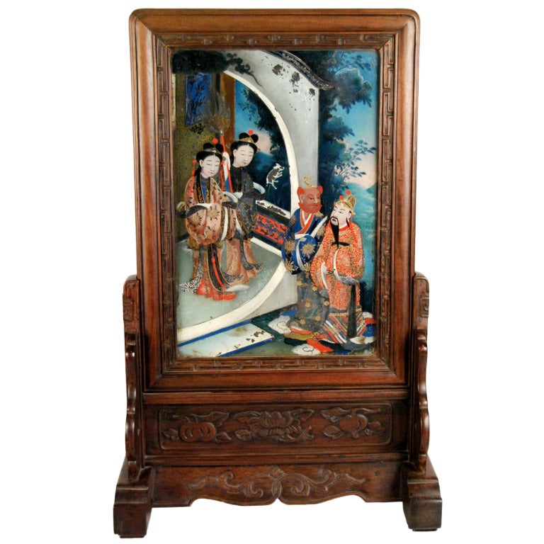 19th Century Chinese Table Screen with Reverse Glass Painting and ...