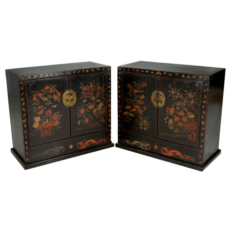 Pair of 19th Century Chinese Painted Two-Door Chests at 1stDibs