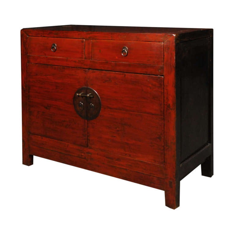 19th Century Chinese Two Door Two Drawer Red Lacquer Chest at 1stDibs