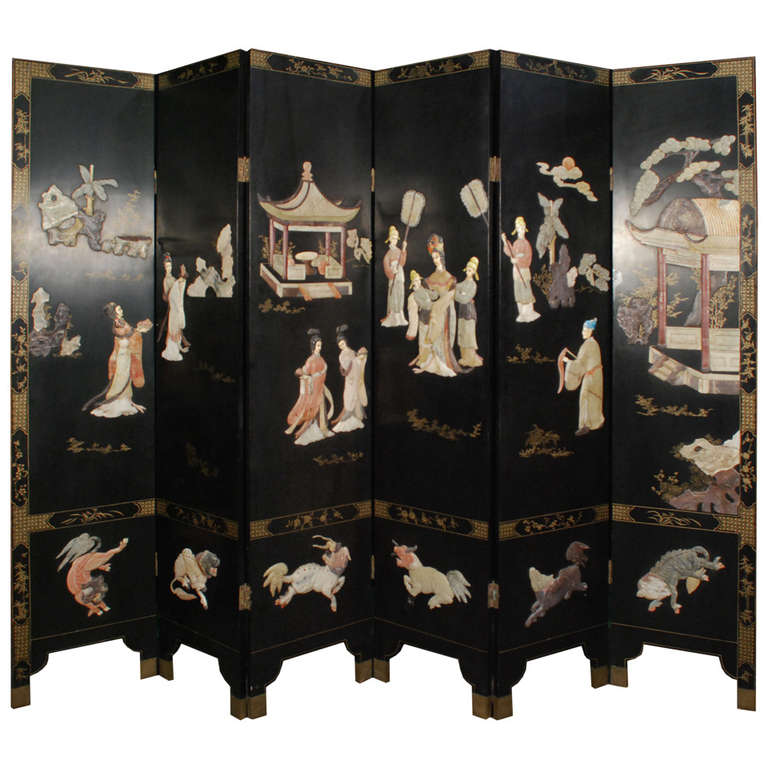 Early 20th Century Chinese Six Panel Semi Precious Stone Inlaid Screen ...