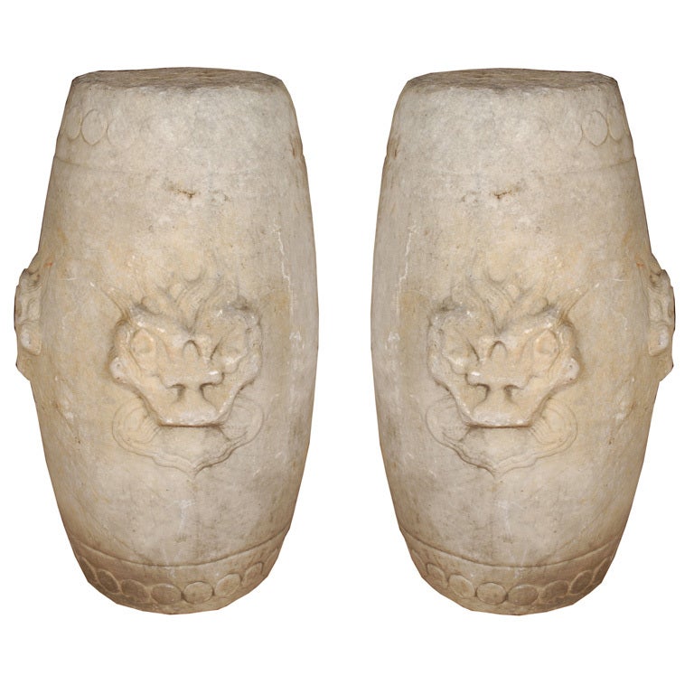 Pair of Ming White Marble Drum Stools at 1stDibs
