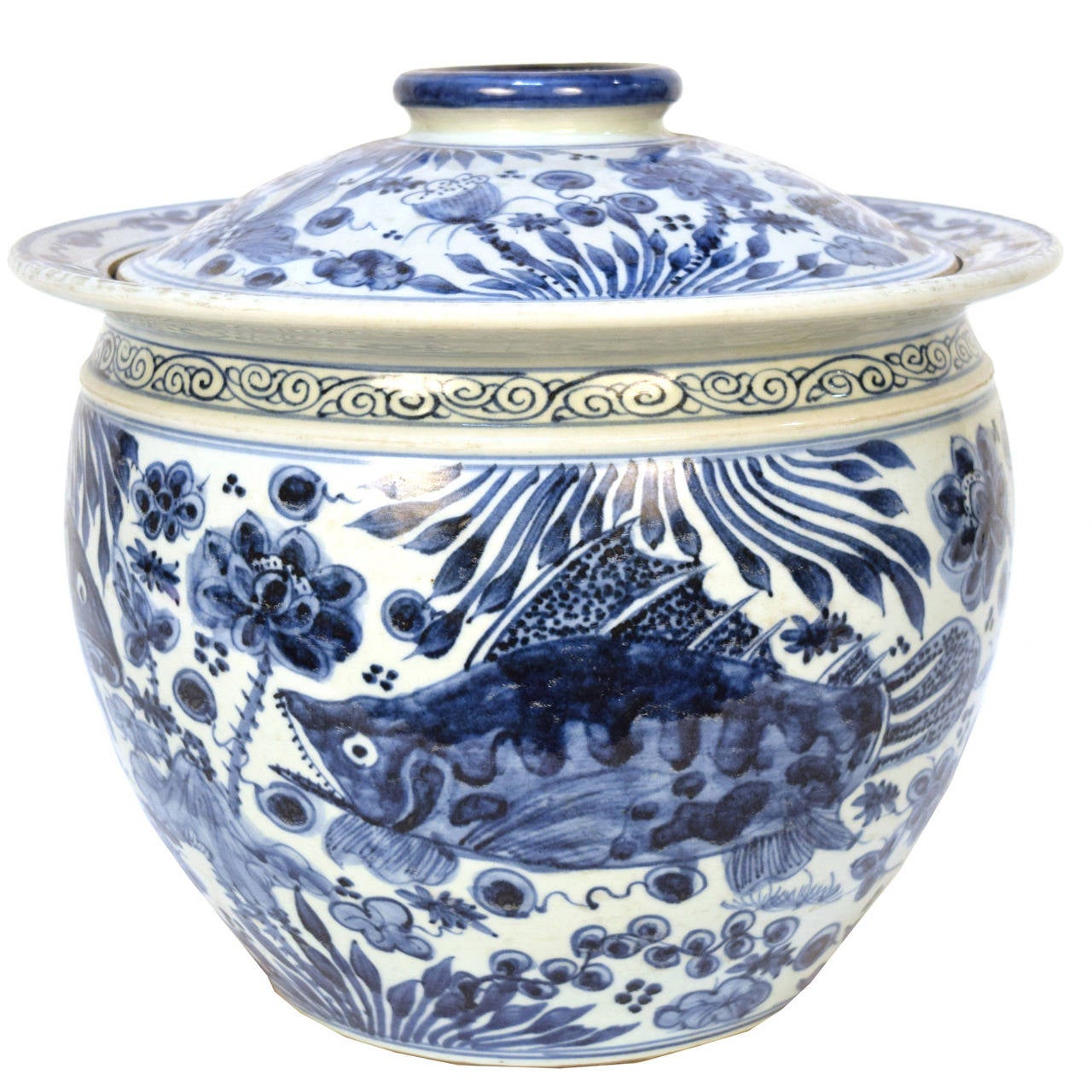 Chinese Blue and White Covered Jar with Fish at 1stDibs