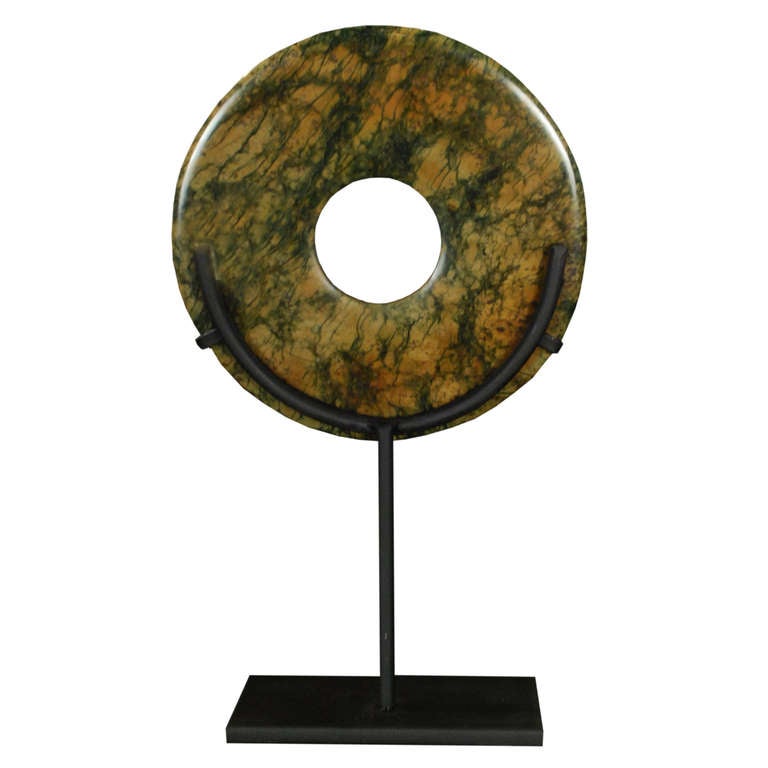Three Small Chinese Stone Bi Discs on Stands at 1stDibs