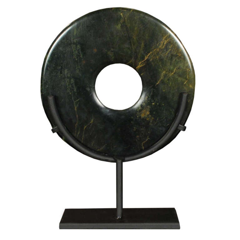 Three Small Chinese Stone Bi Discs on Stands at 1stDibs