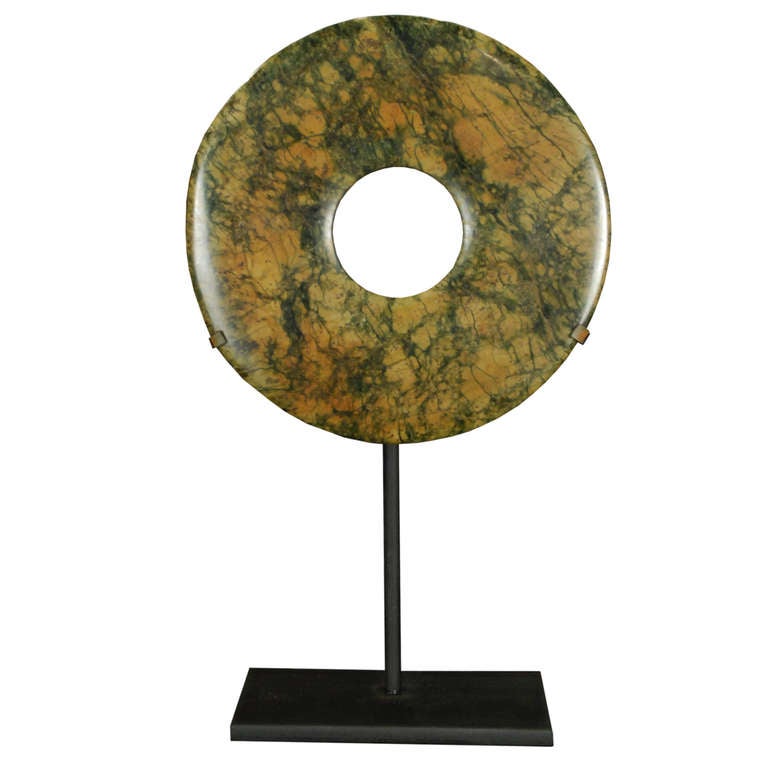 Three Small Chinese Stone Bi Discs on Stands at 1stDibs