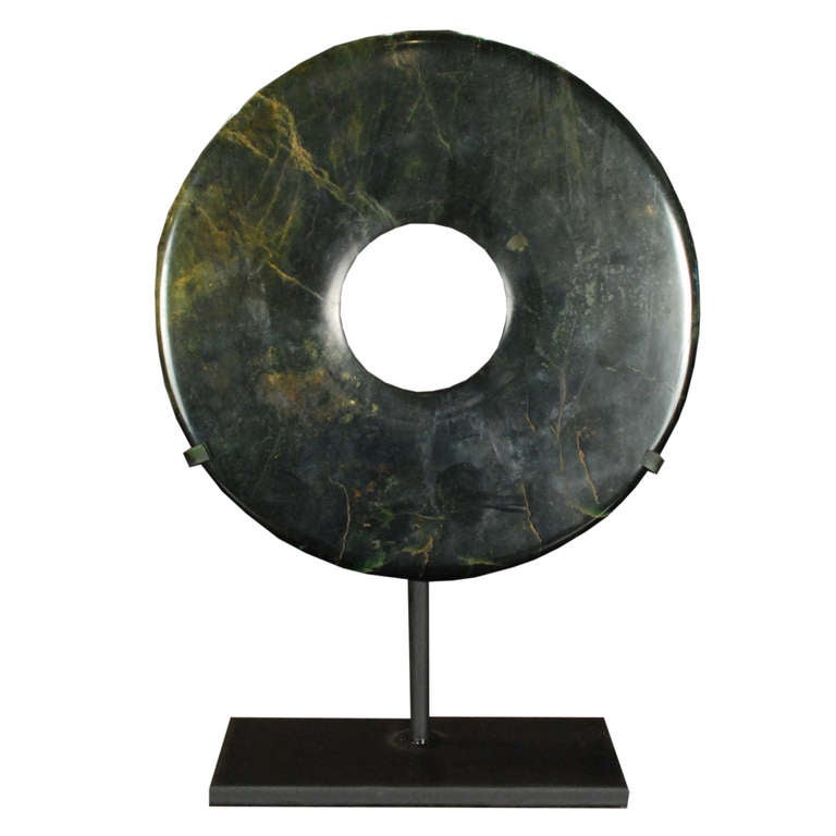 Three Small Chinese Stone Bi Discs on Stands at 1stDibs