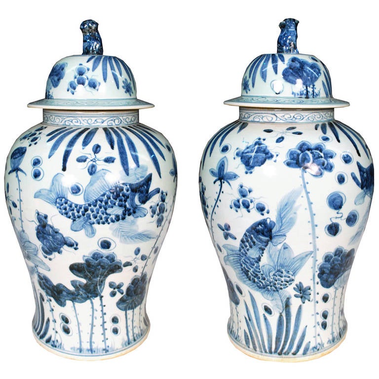 Pair of Chinese Blue and White Covered Fish Jars at 1stDibs