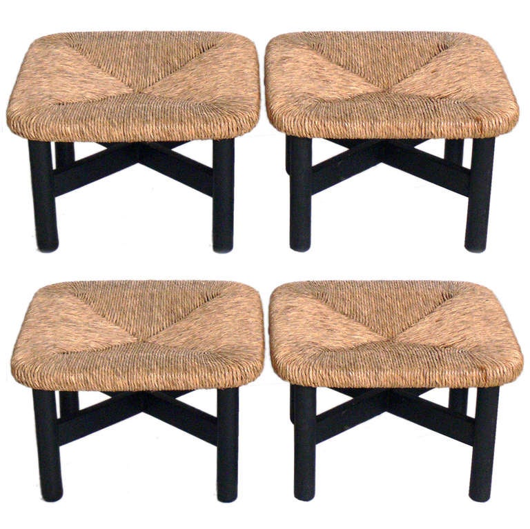 Four Woven Rush Stools or Ottomans in the manner of Charlotte Perriand ...