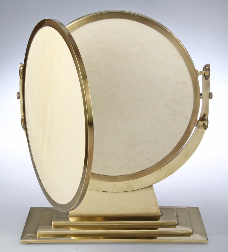Art Deco Machine Age Brass and Parchment Trifold Vanity Mirror at 1stDibs