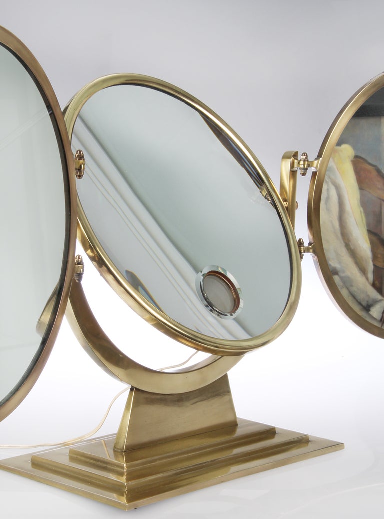 Art Deco Machine Age Brass and Parchment Trifold Vanity Mirror at 1stDibs