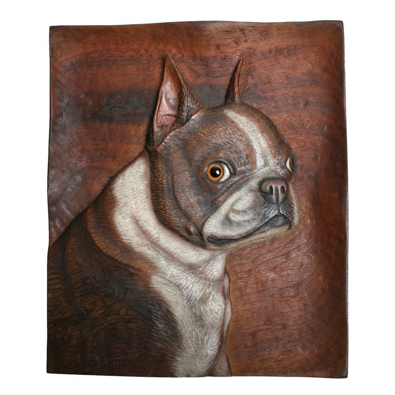 Carved Wood French Bulldog / Terrier Plaque at 1stDibs