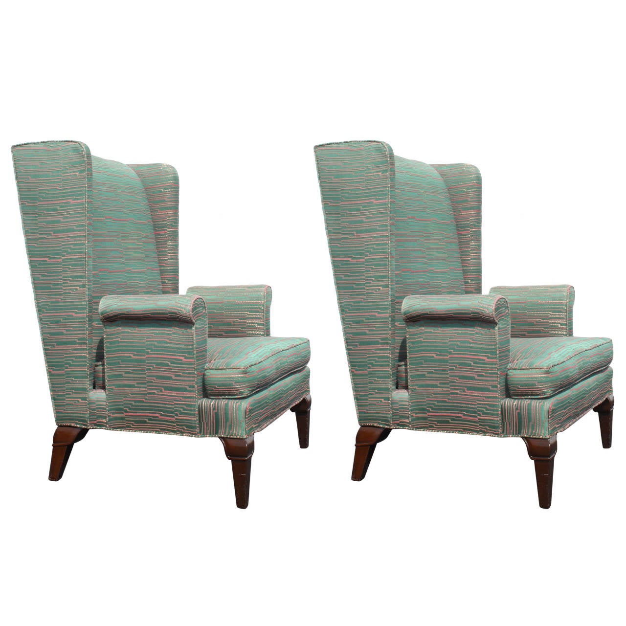 Pair of Tall Back Stylized Wingback Chairs Attributed to Grosfeld House ...