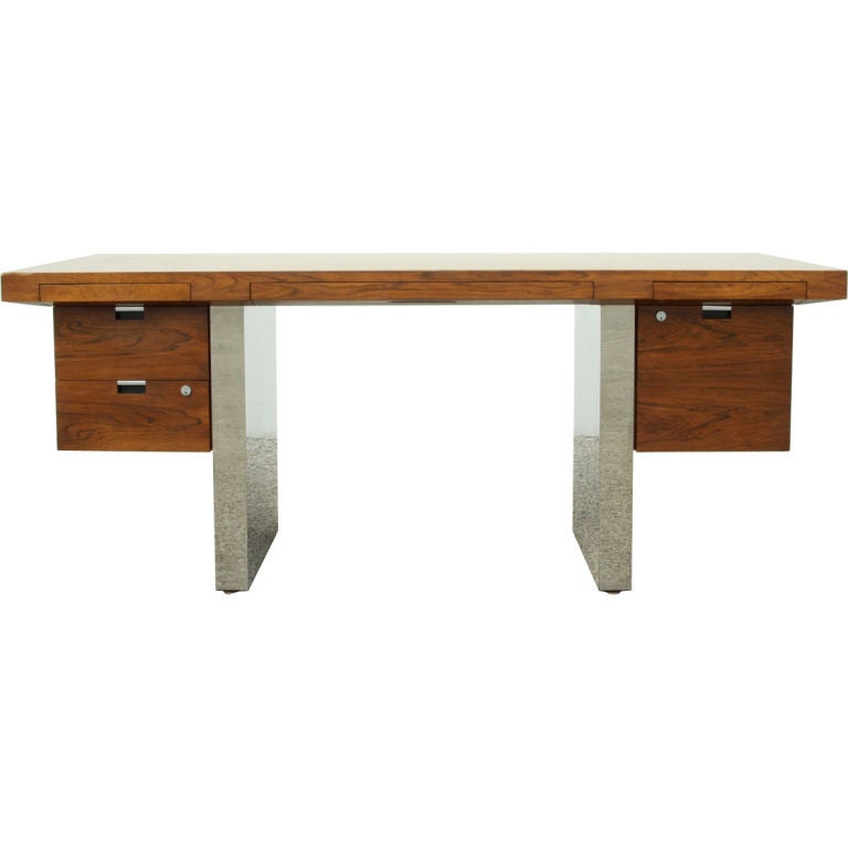 Roger Sprunger for Dunbar Rosewood and Stainless Executive Desk at 1stDibs