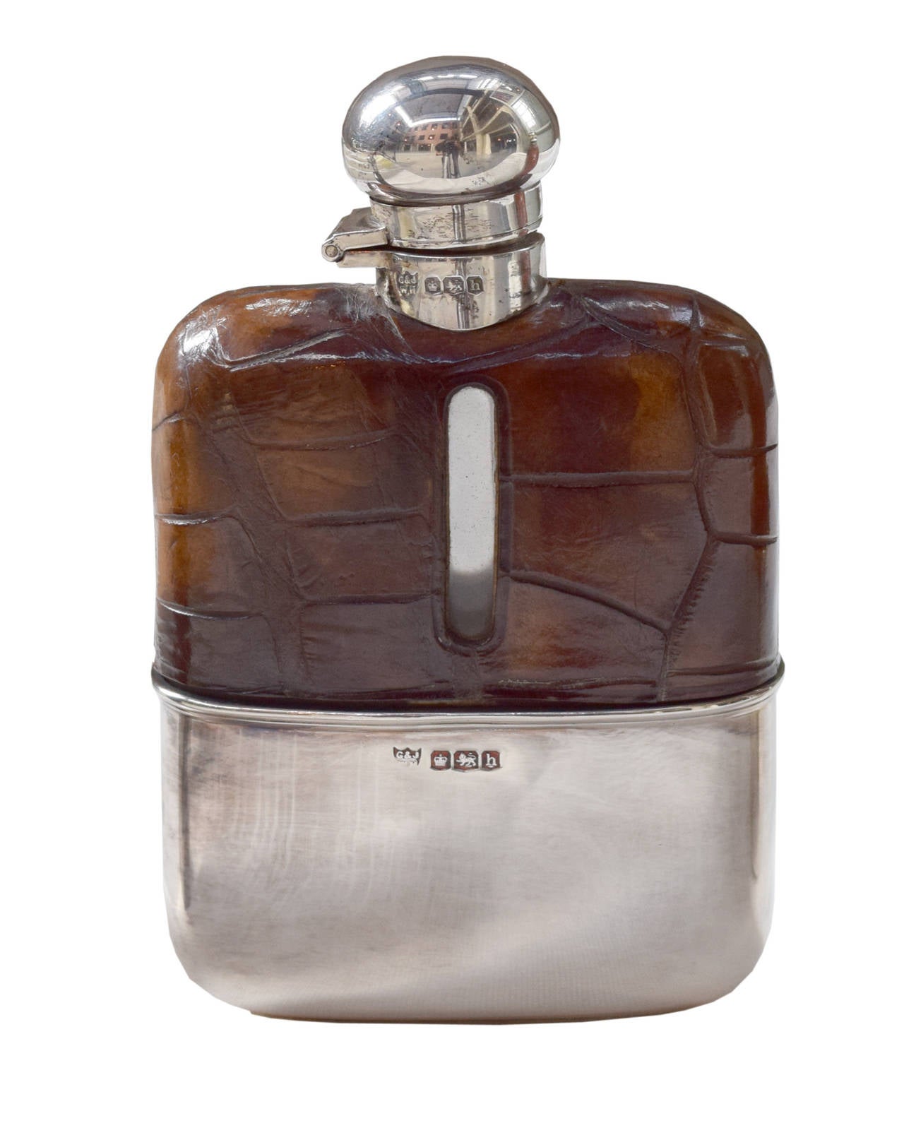 Set of Three Vintage Silver and Stamped Leather Hip Flasks For Sale at ...