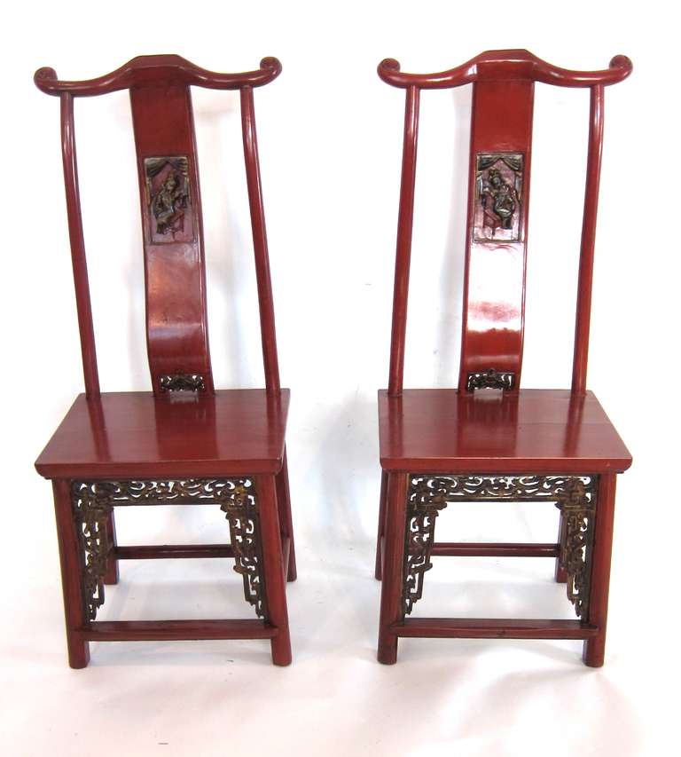 Pair of Carved Chinese Red Lacquered Chairs at 1stDibs