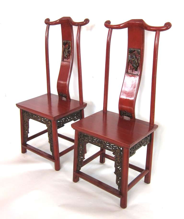 Pair of Carved Chinese Red Lacquered Chairs at 1stDibs